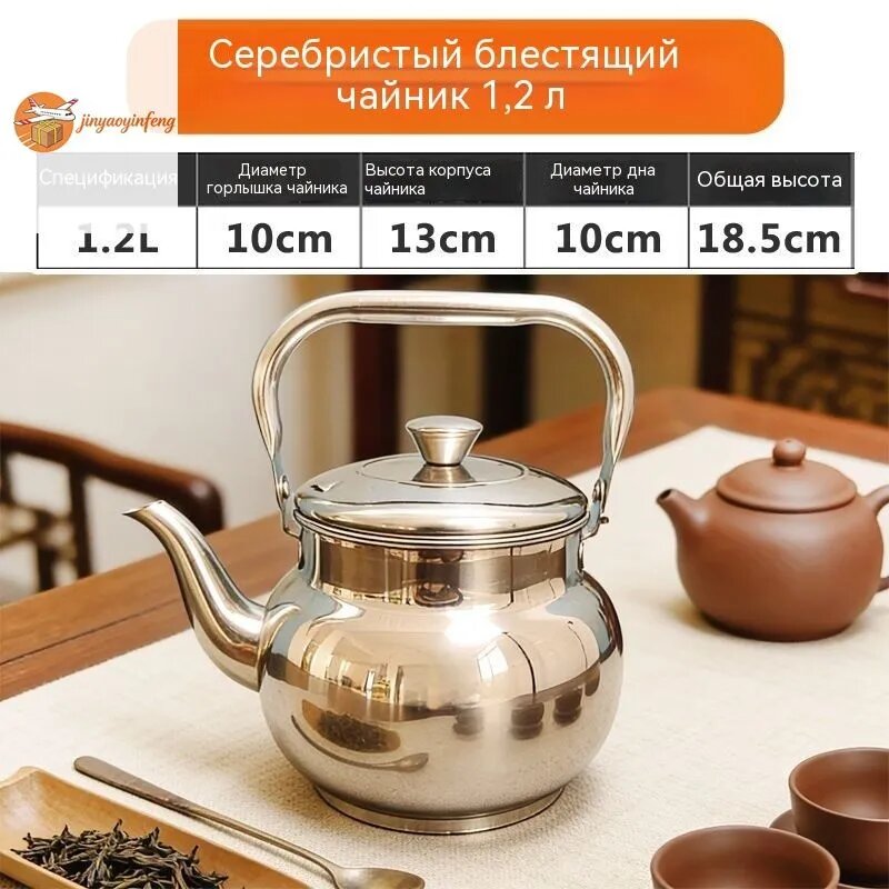Чайник с крышкой из нержавеющей стали "Серебристый блестящий", 1.2 л, диаметр 10 см, высота 18.5 см