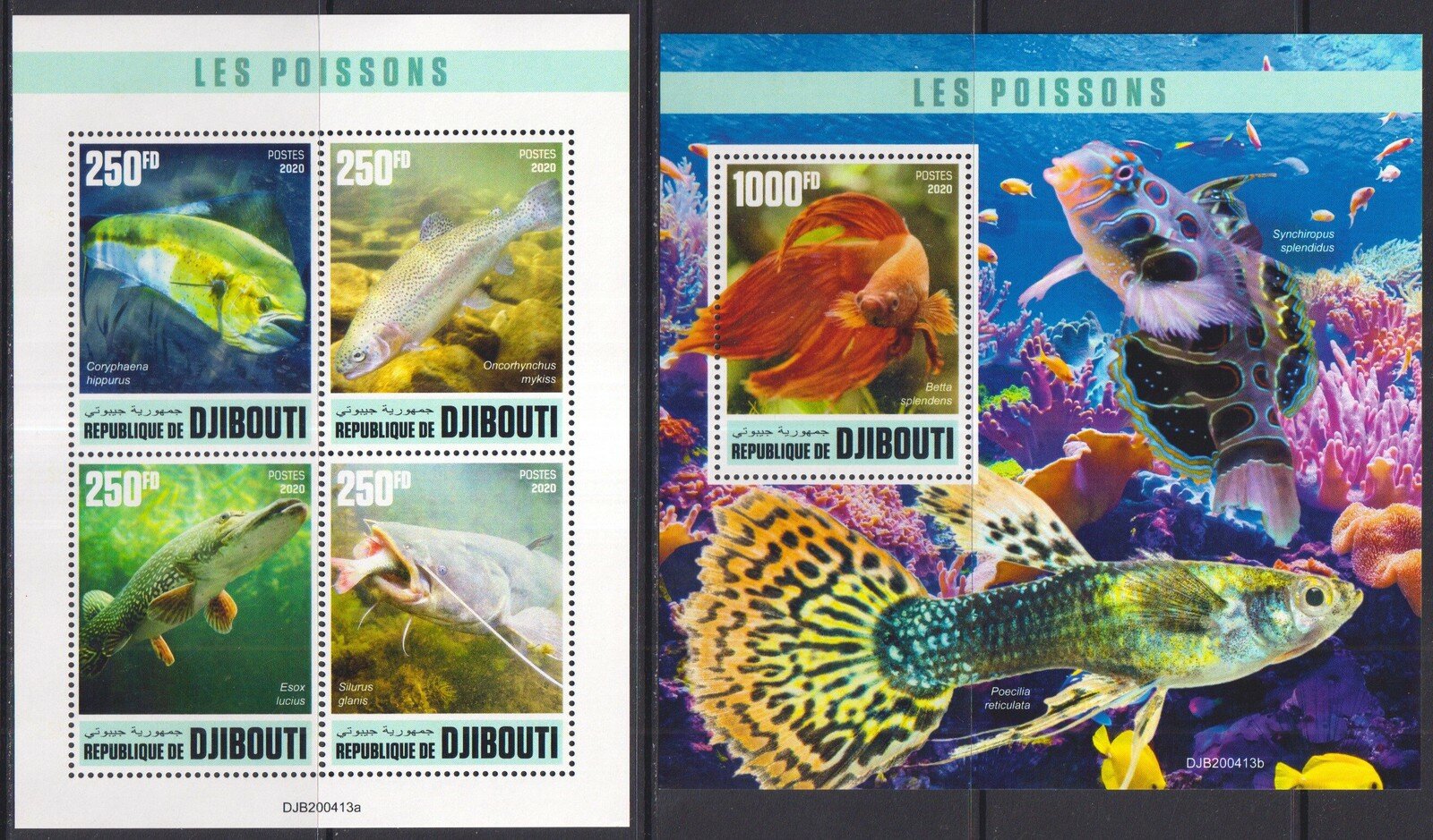 Марки 2020 год Джибути Рыбы Морская жизнь Фауна #3741-3744+Bl1478 Mnh
