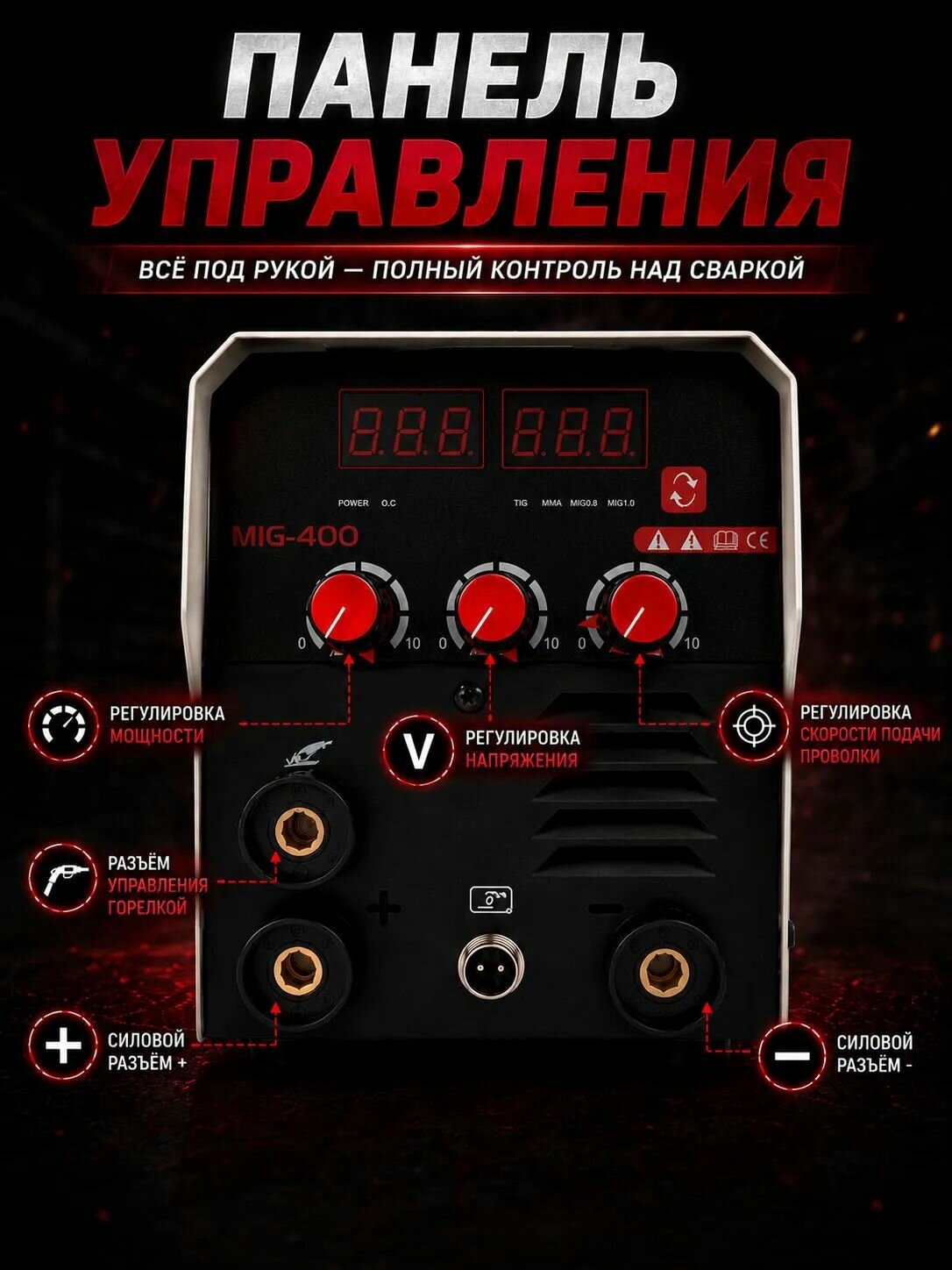Сварочный полуавтомат, без газа 10 - 400А, 3В1, MIG-400, расширенная комплектация