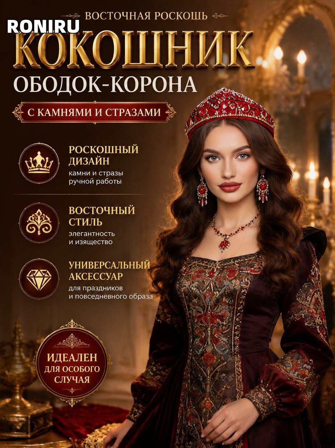 Ободок корона с камнями и стразами в восточном стиле, барокко и кокошник для праздников и повседневного образа