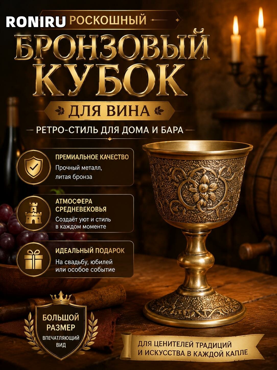 Бронзовый кубок для вина, ретро-стиль для дома и бара — большой металлический аксессуар для создания средневековой атмосферы и подарка на свадьбу