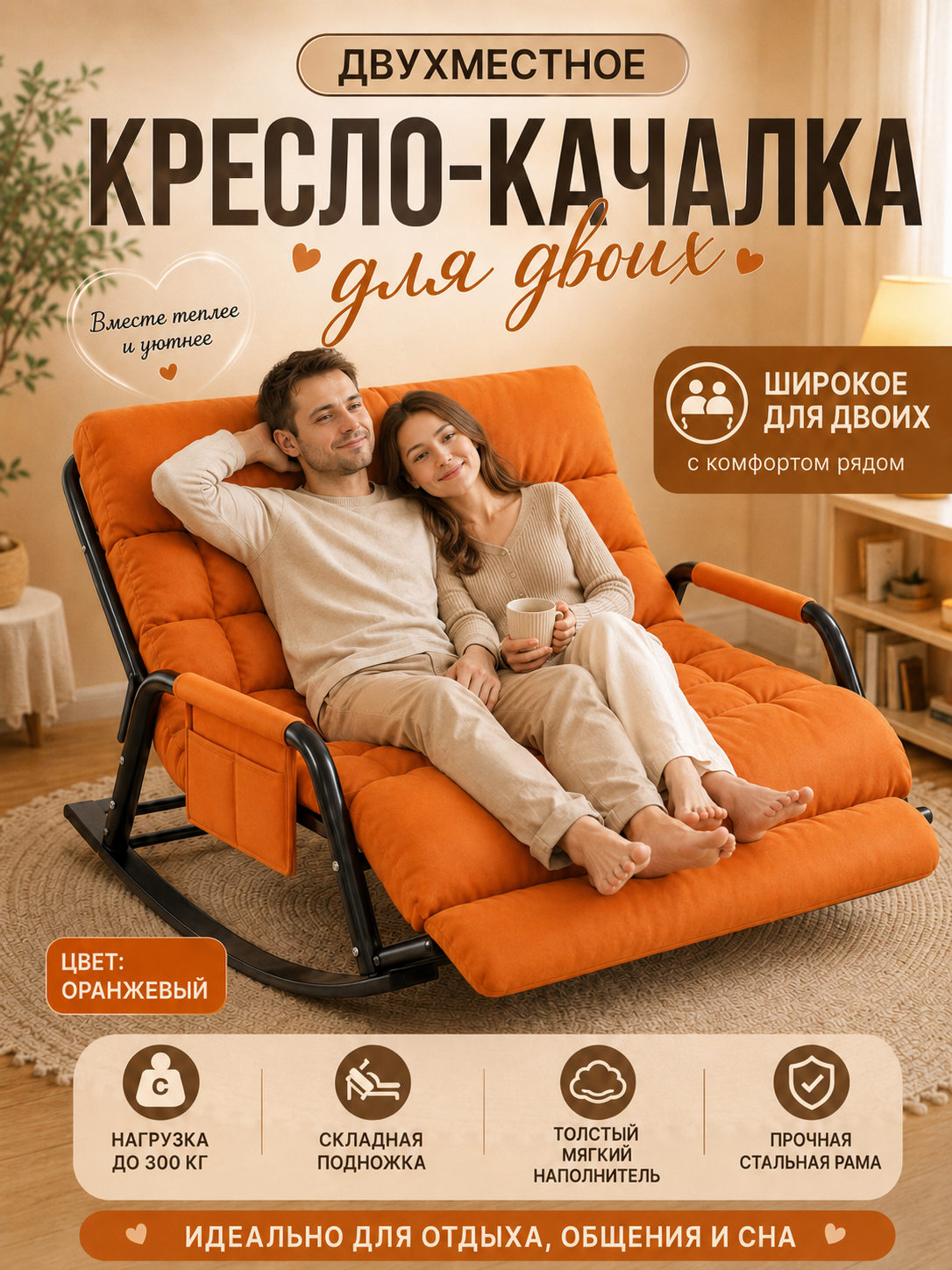Кресло-качалка двухместное мягкое с подножкой, стальная рама, до 300 кг