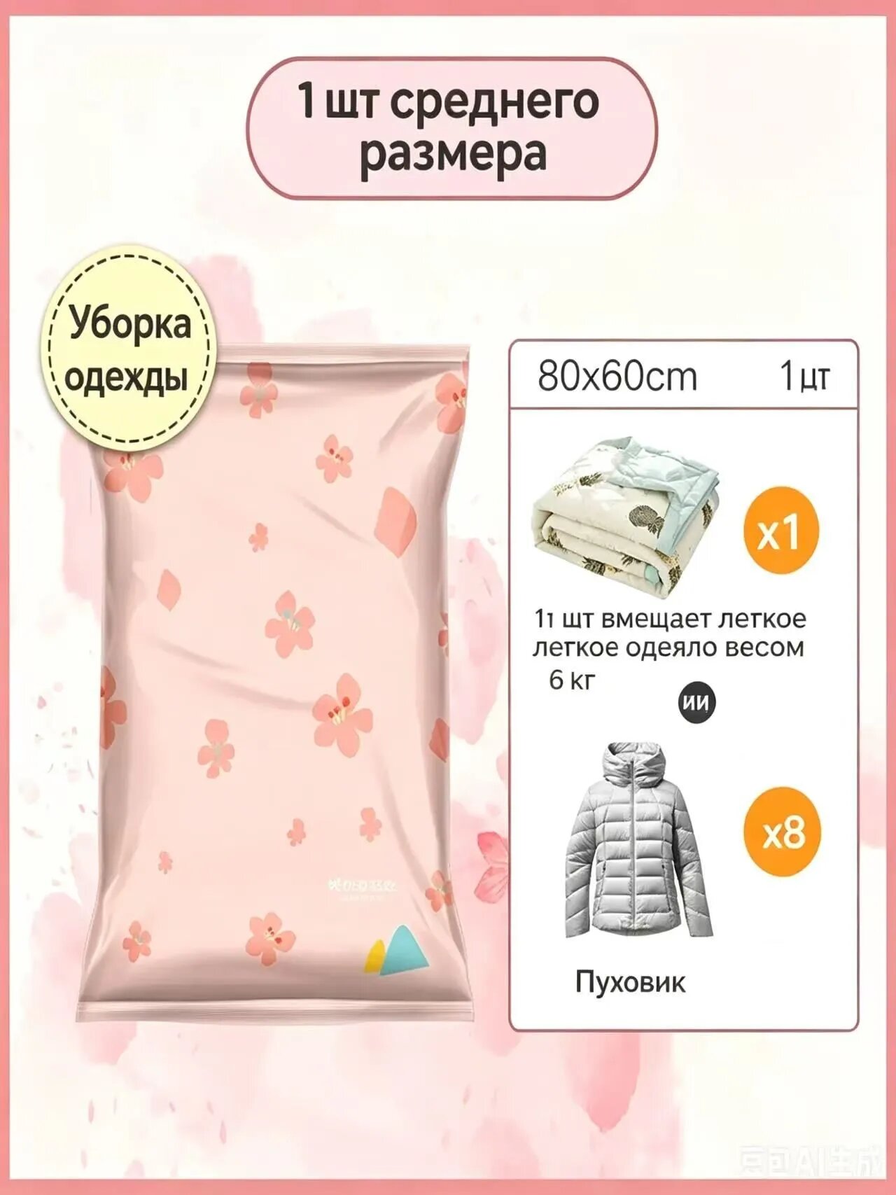 Вакуумный пакет для одежды 80х60 см, 1 шт, средний размер, с цветочным принтом Вакуумный мешок для хранения