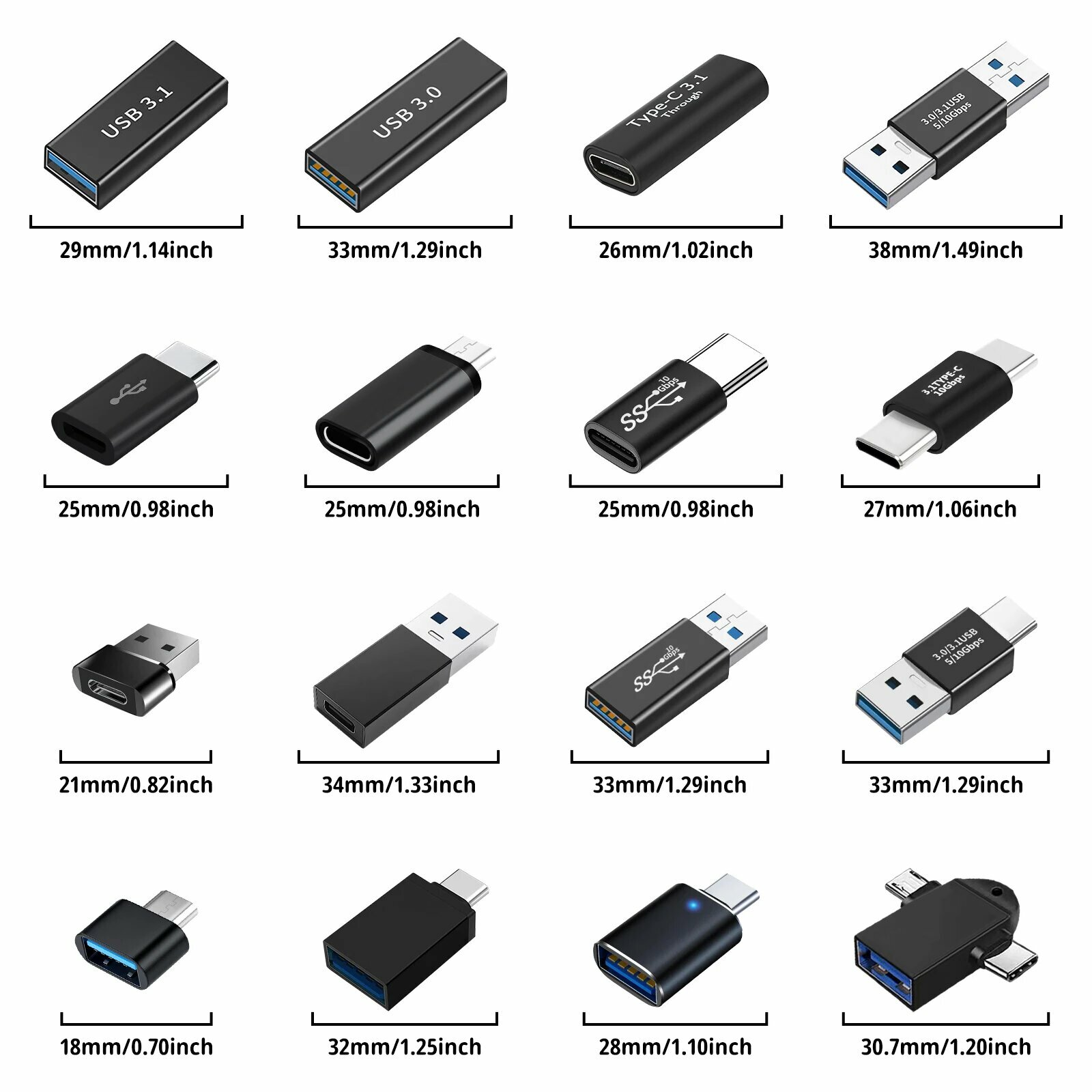 Набор Из 16 Адаптеров USB 3.0: USB-C На USB-A OTG Для Передачи Данных SSD/HDD, Удлинители Кабелей, Расширители Портов