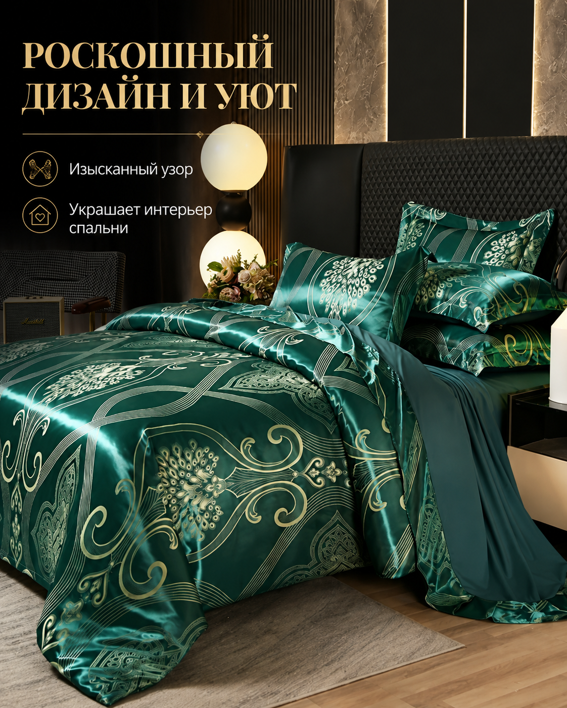 Комплект постельного белья, Атлас, Жаккард, Двуспальный, наволочки 48x74 Стеганое одеяло200*230