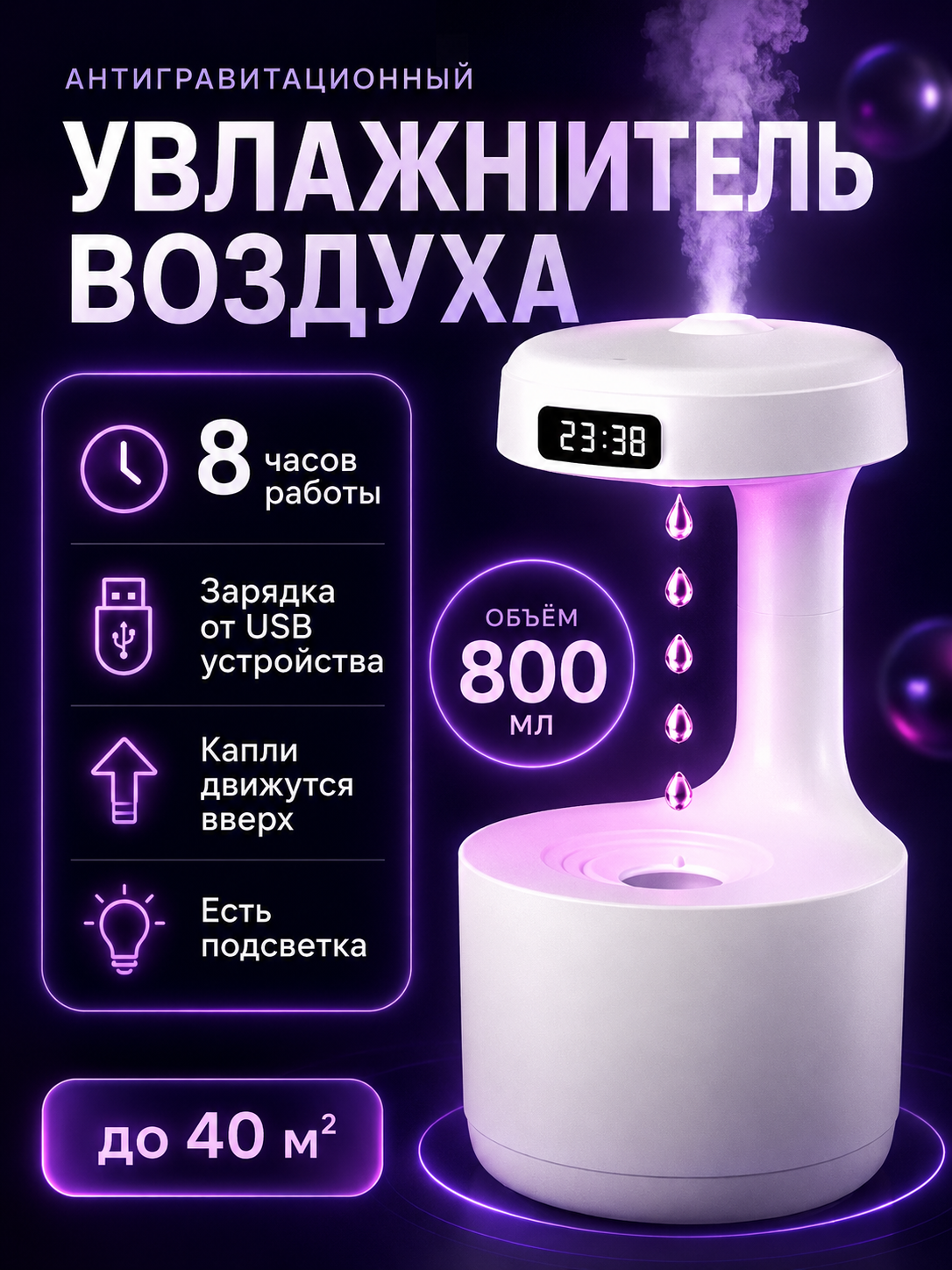 Увлажнитель воздуха ультразвуковой Антигравитационная Капля, Аромадиффузор с подсветкой, ночник для дома, Белый