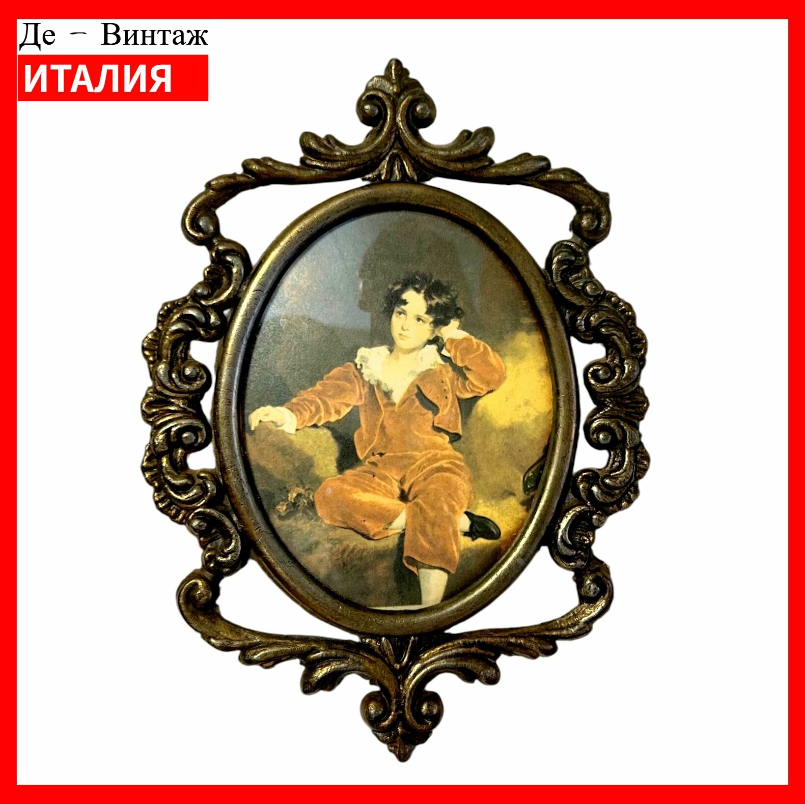 Картинка, Мальчик в овальной раме, винтаж. Италия