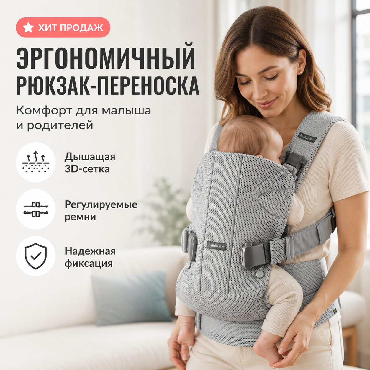 Слинг-эргорюкзак 3D Mesh для переноски ребенка с рождения и до 3 лет, 3 положения, светло-серый