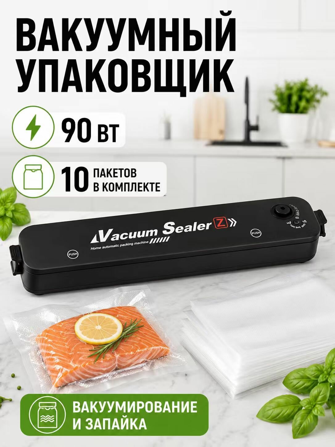 Вакууматор, устройство для удаления воздуха из герметичных емкостей, для продуктов и одежды, 37x7x8,5 см