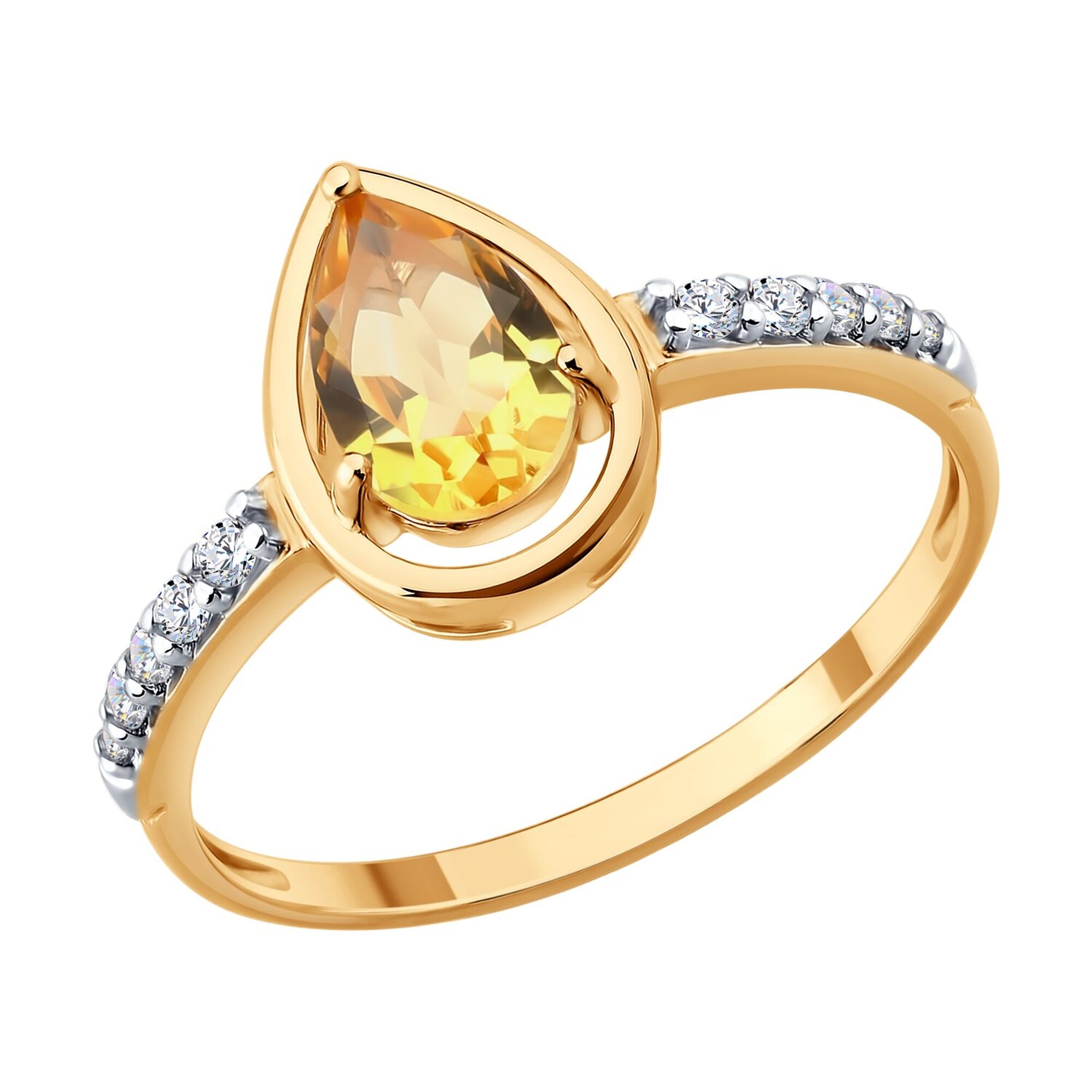Кольцо, серебро, 925 проба, золочение, цитрин, фианит
