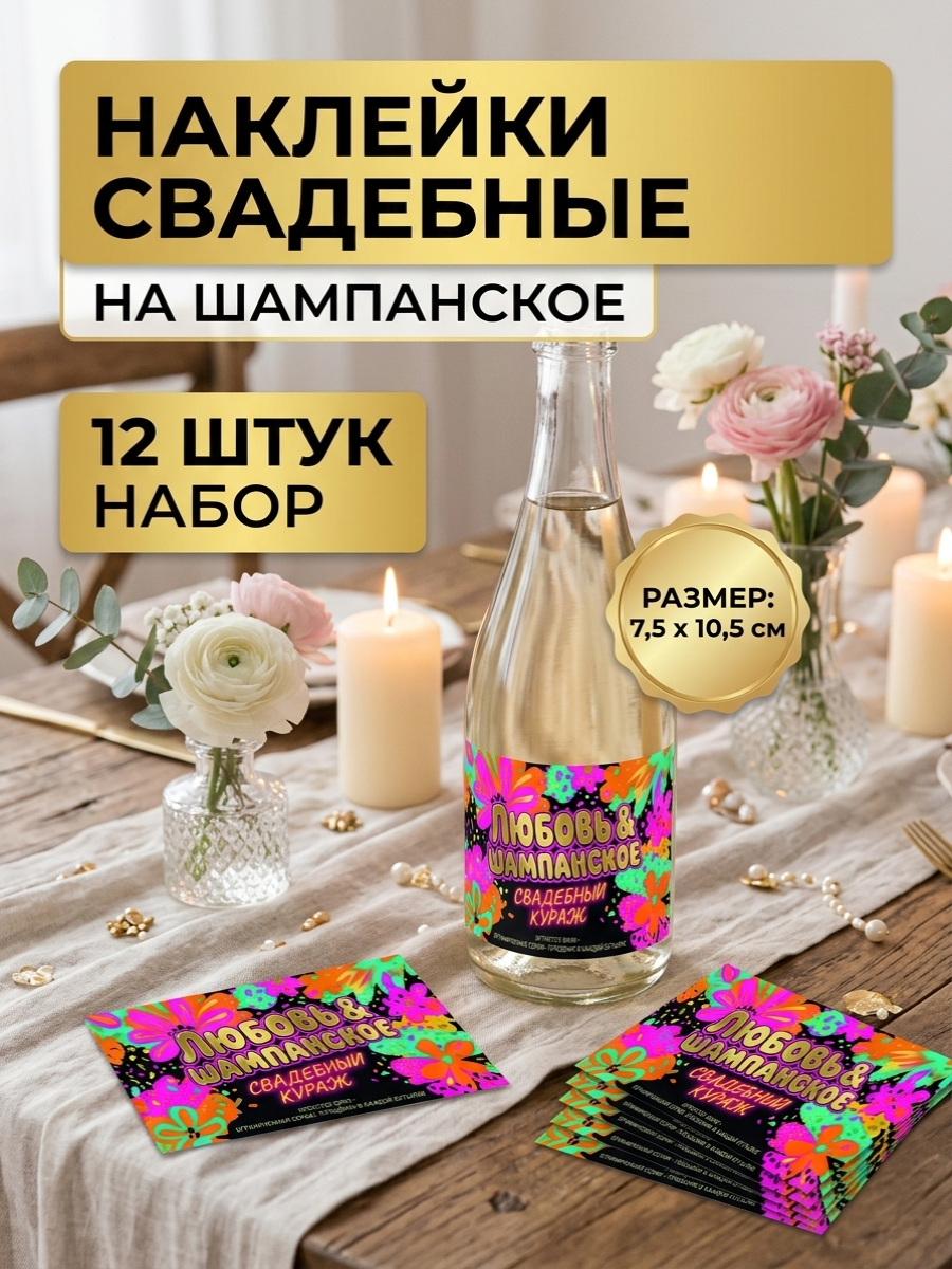 Наклейки самоклеящиеся на шампанское "Любовь и шампанское, свадебный кураж", 10,5х7,5 см, 12 шт.