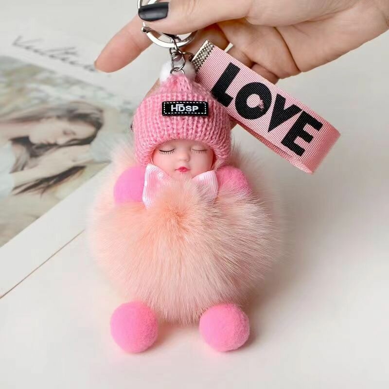 Sleep doll bag tag fox fur with handmade touch for car keyholder and backpack decor, peach pink