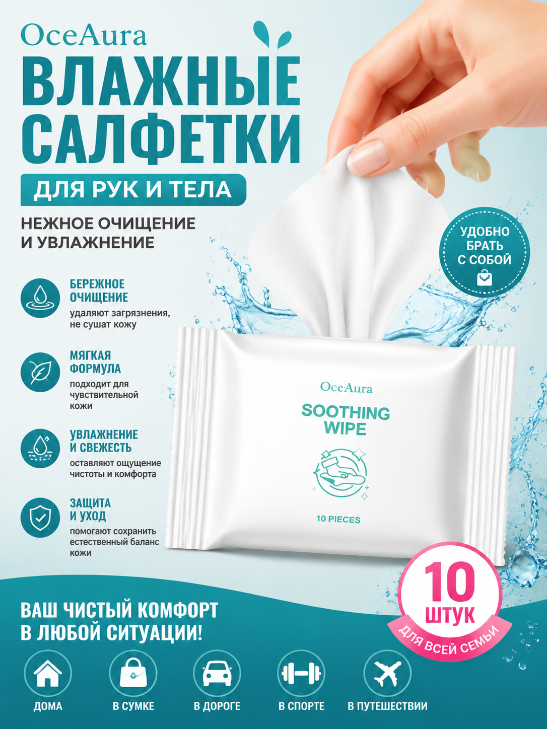 Мягкие влажные салфетки для бережного очищения рук и тела, увлажнения кожи, портативные одноразовые салфетки