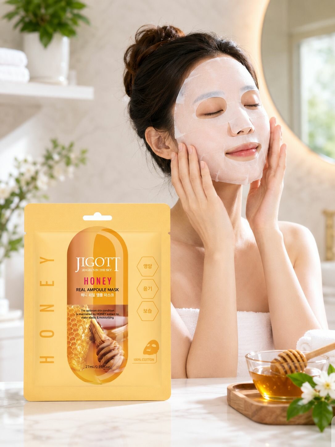 Маска для лица с прополисом и мёдом Jigott Honey Real Ampoule Mask, 27 мл. Ю. Корея