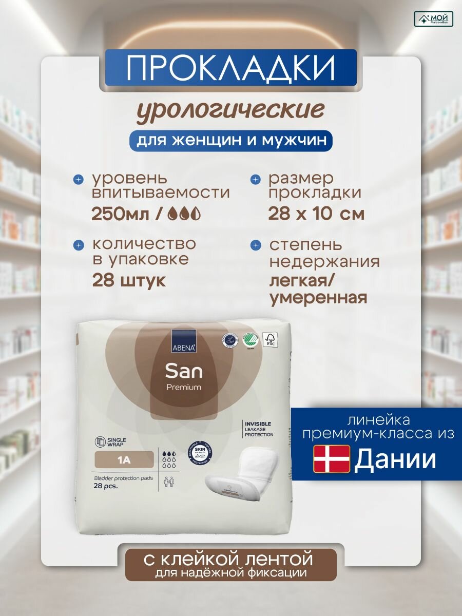 Прокладки урологические для женщин и мужчин ABENA San Premium 1A, 28 шт, 250 мл, гипоаллергенные дышащие непромокаемые Абена, послеоперационные, послеродовые, Дания
