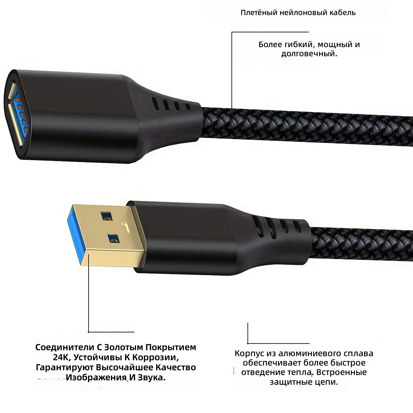 Кабель-удлинитель USB 3.0 5Gbps, тип A (мужской) - A (женский), 16 футов (5 м), нейлоновая оплетка, 1 шт.