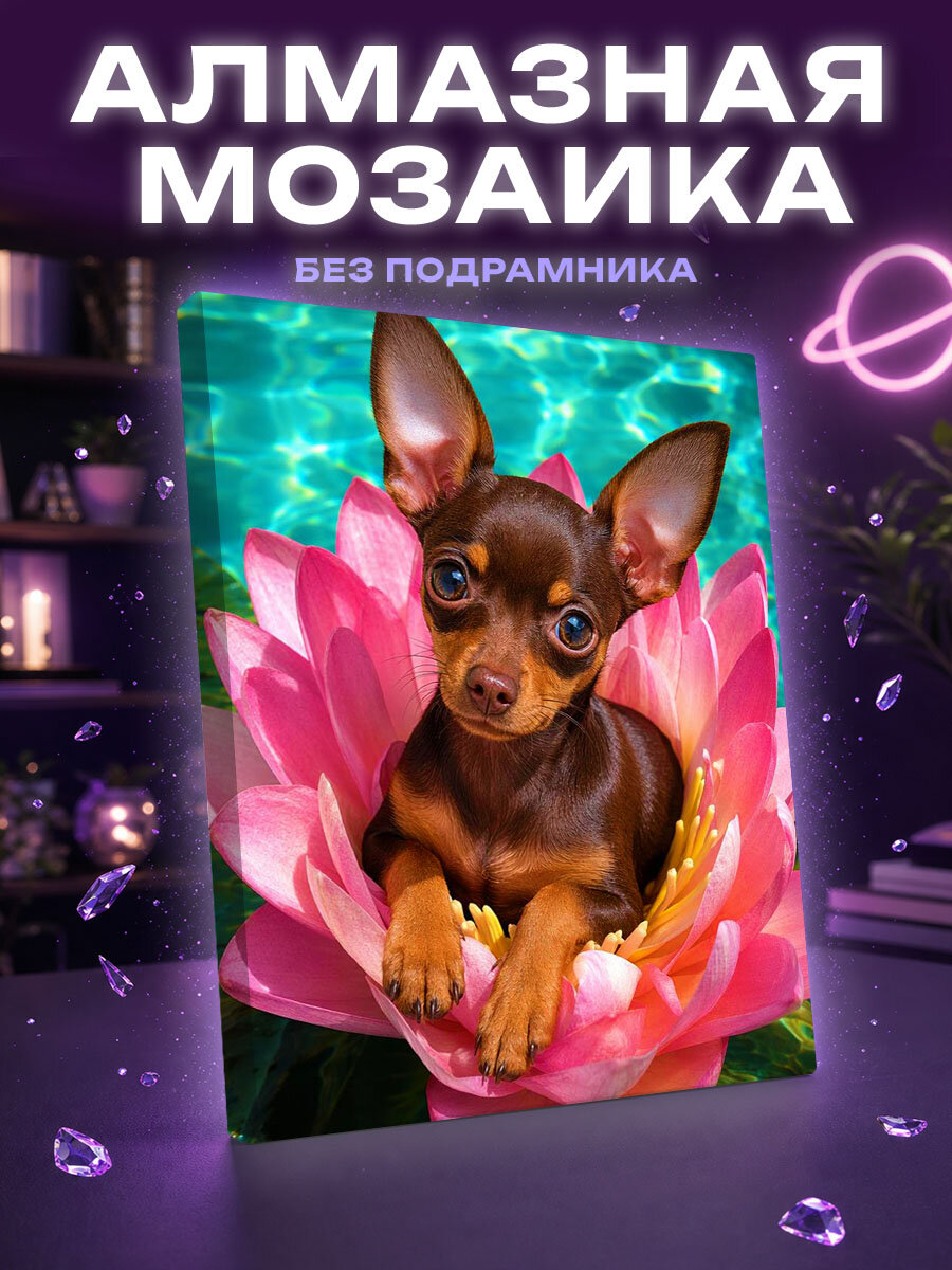 Алмазная мозаика той-терьер внутри цветка кувшинки