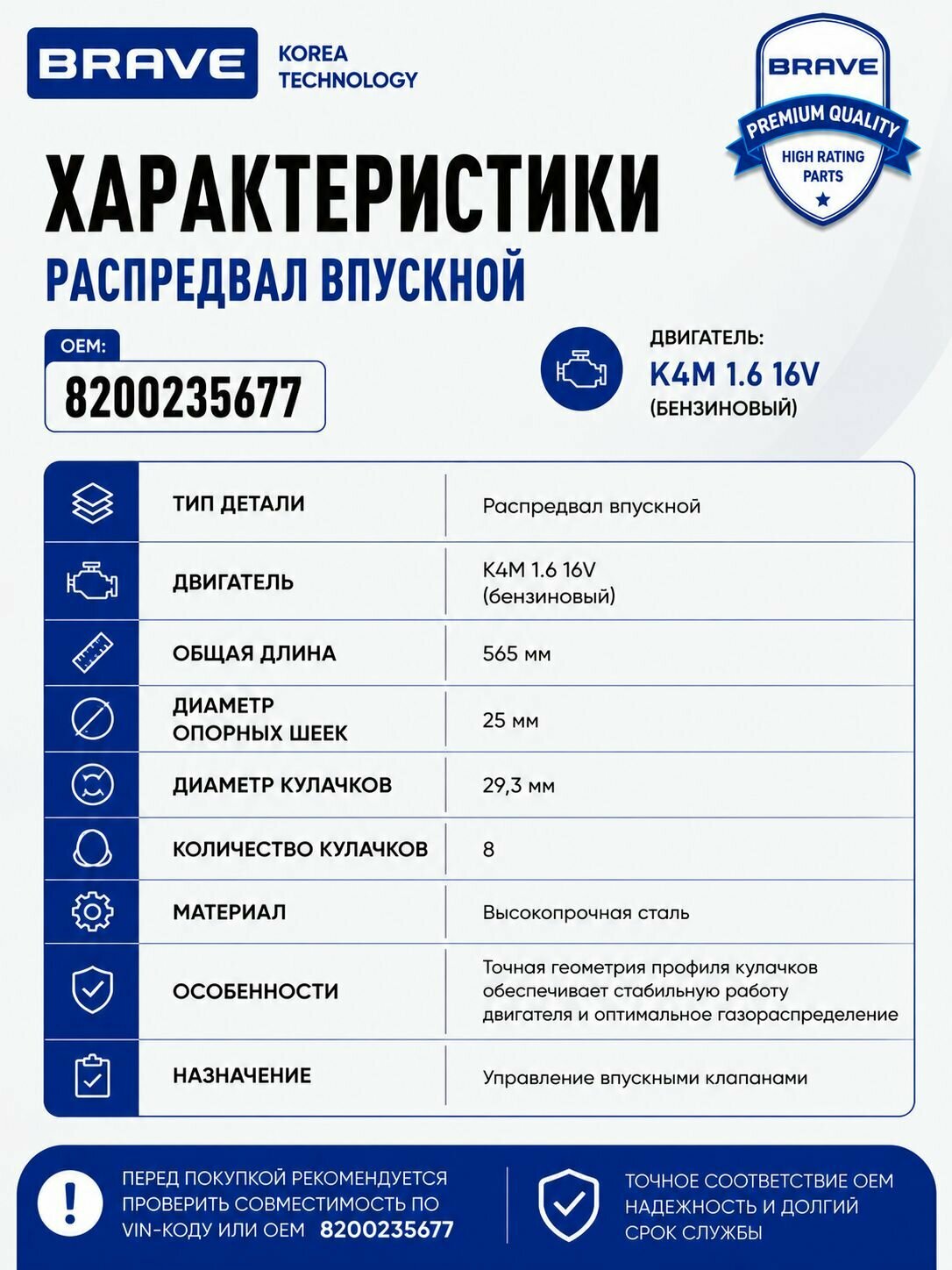 Распредвал впускной 8200235677 Рено Дастер, Логан, Сандеро, Лада Ларгус, Renault Duster Logan Sandero Largus K4M 1.6 — фото 1