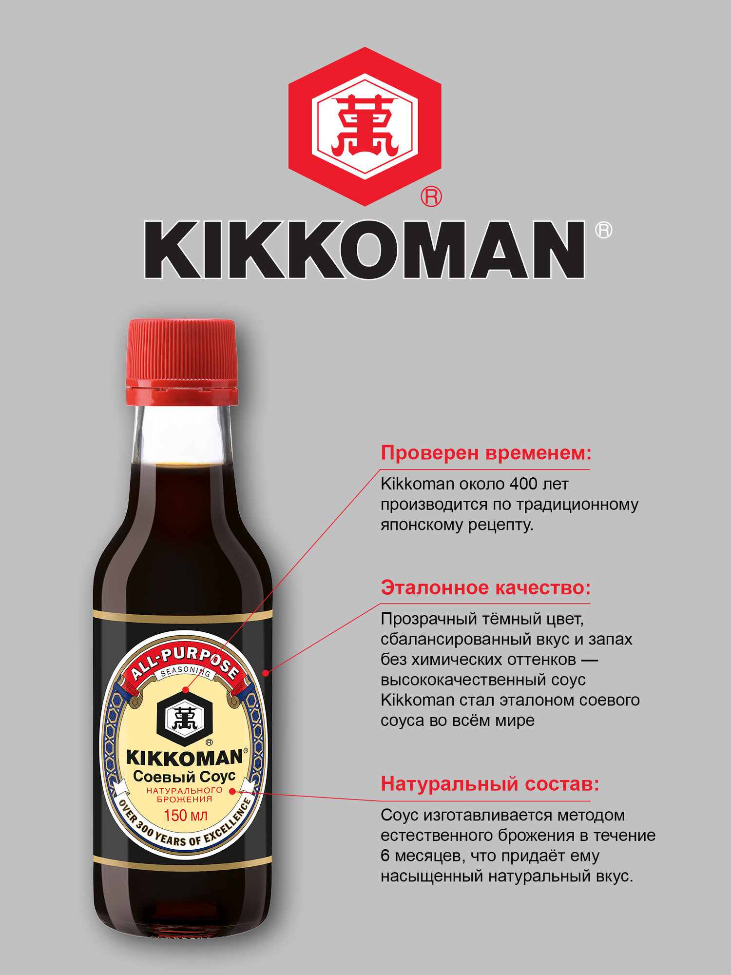 Соус соевый KIKKOMAN, натуральное брожение, стеклянная бутылка, 150 мл — фото 1