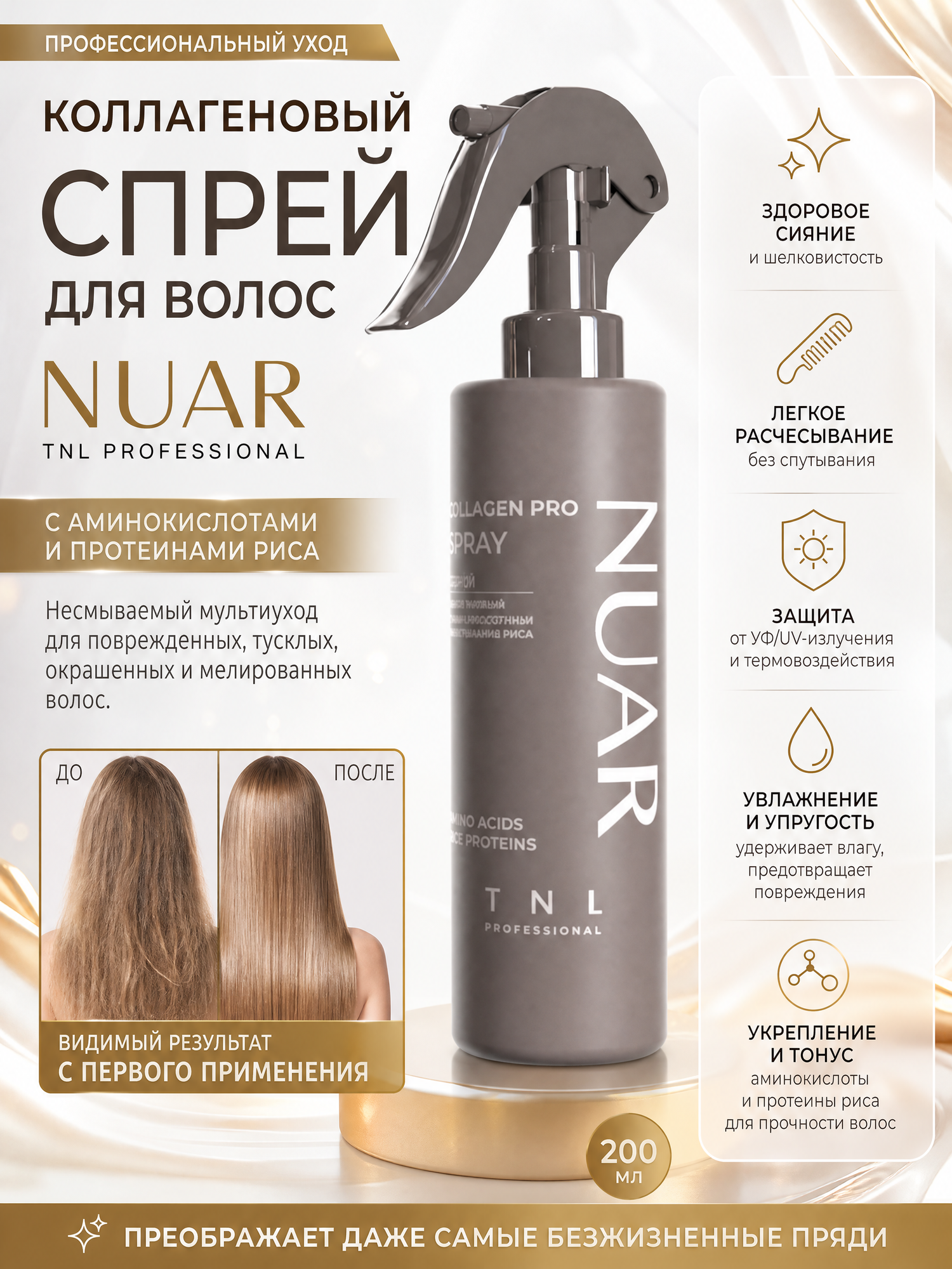 Коллагеновый спрей для волос NUAR с аминокислотами и протеинами риса, TNL Professional, 200 мл