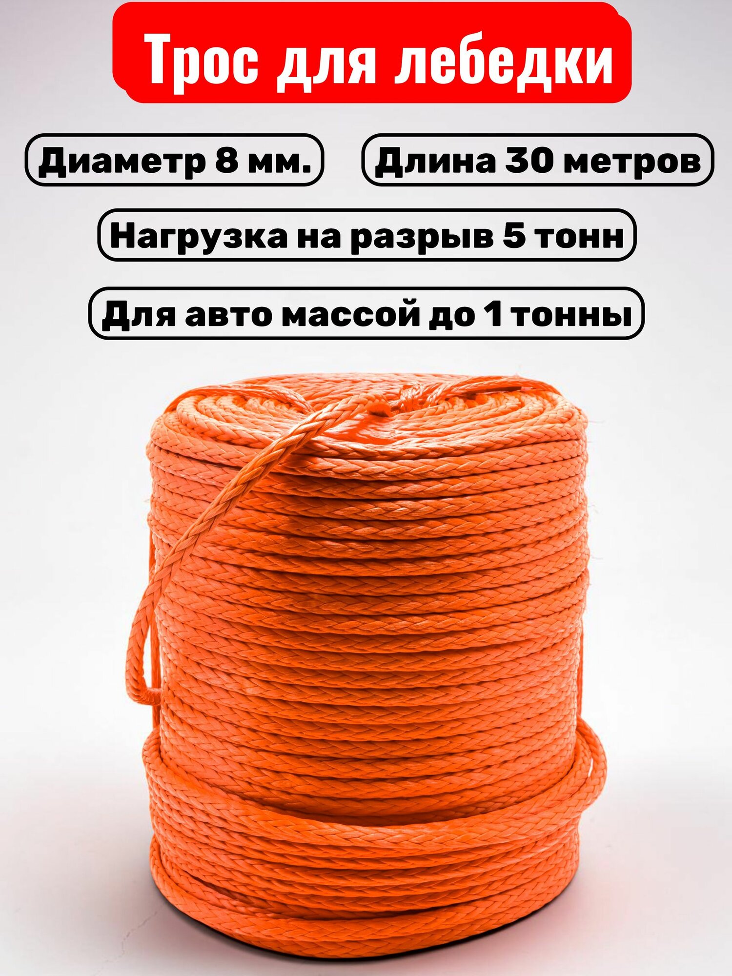 Синтетический трос для лебедки 8 мм на отрез 5 тонн 30 метров / Кевларовый трос
