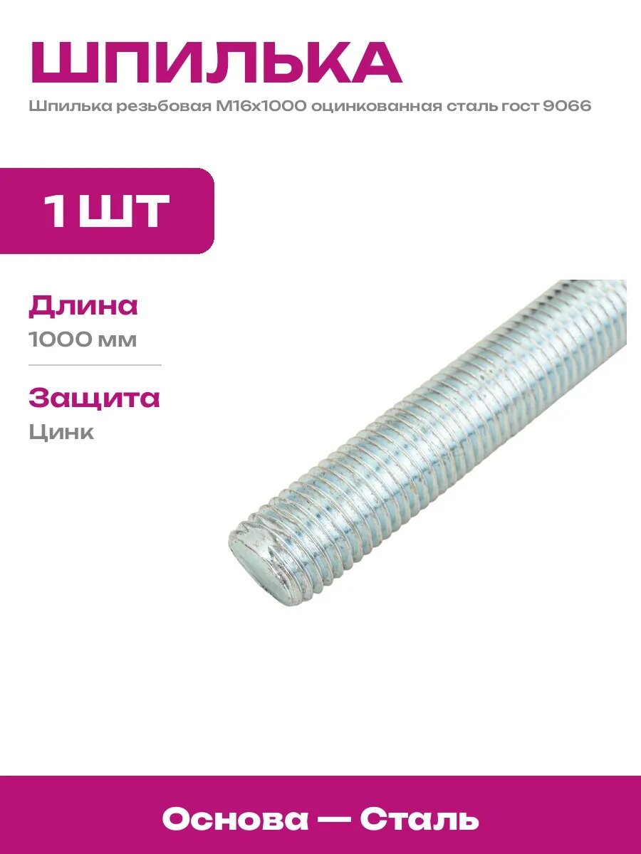 Шпилька резьбовая стальная оцинкованная М16 1000 мм DIN 975