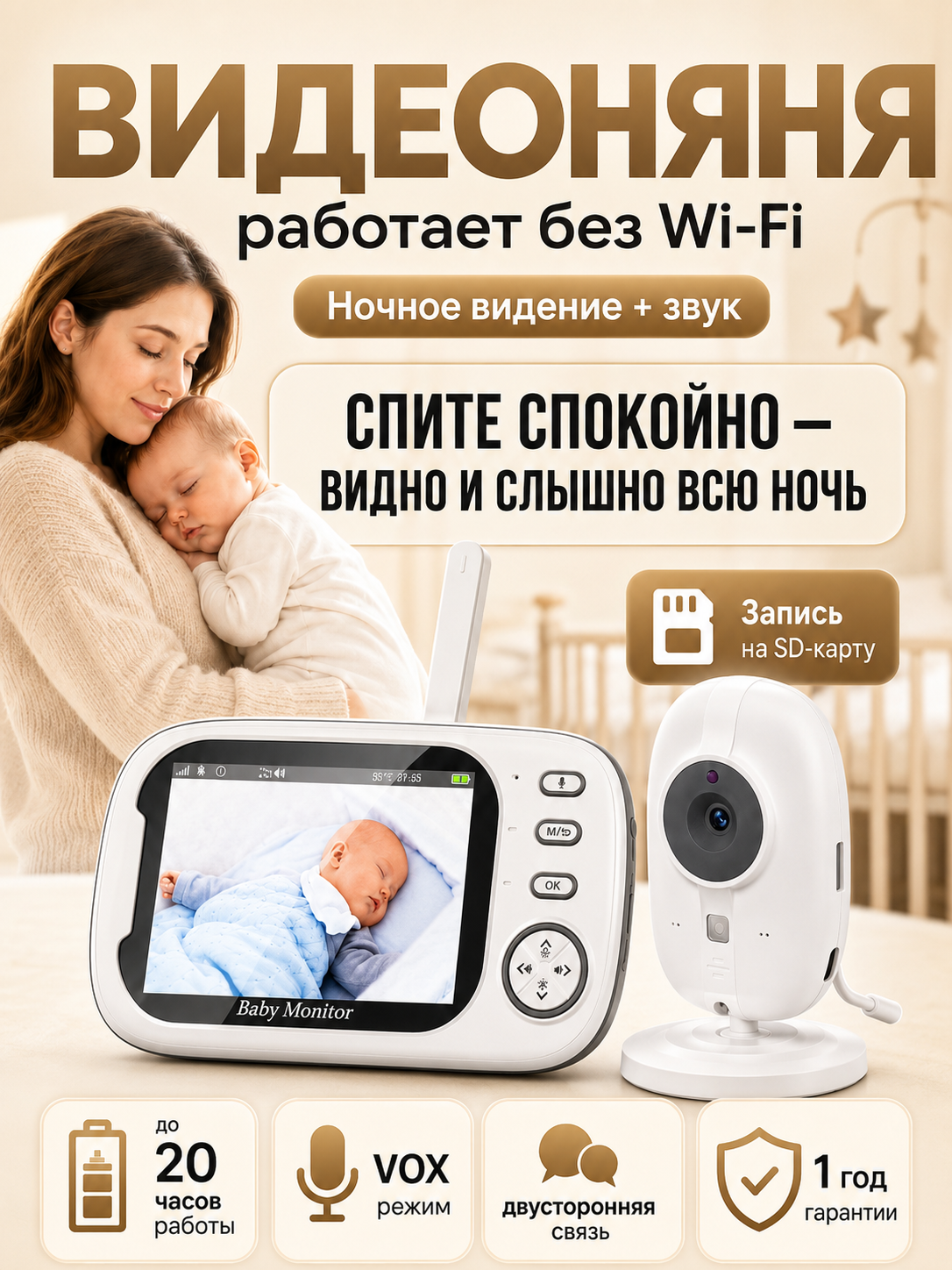 Видеоняня "Baby", ABM600, беспроводной монитор, датчик движения, белая