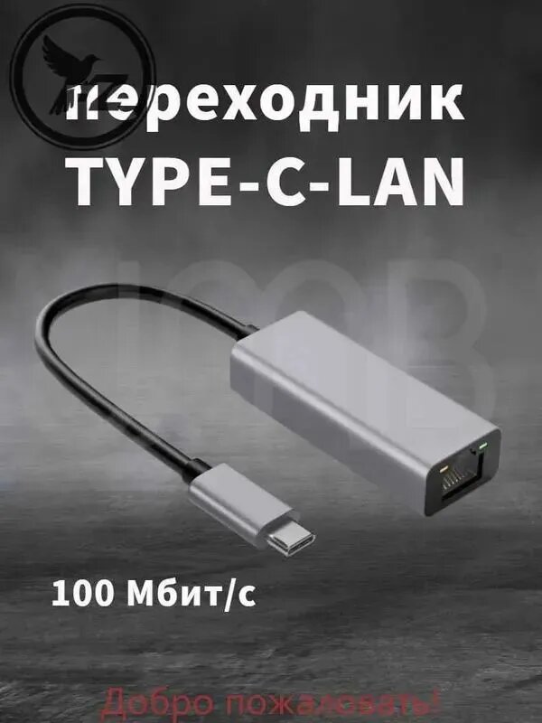 Сетевой адаптер Type-C-LAN 100 Мбит/с, удлинитель кабеля, серый, серебристый