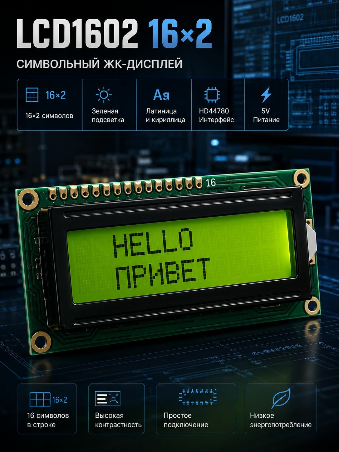 Символьный ЖК-дисплей LCD1602, 16 2, зелёный, с выводами, латиница и кириллица