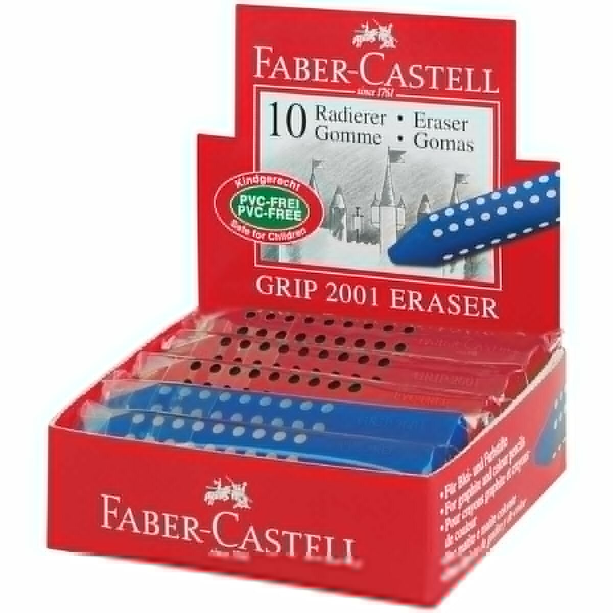 Ластик Faber-Castell Grip 2001 (трехгранный, 90x15x15мм) красный/синий (187101), 10шт.