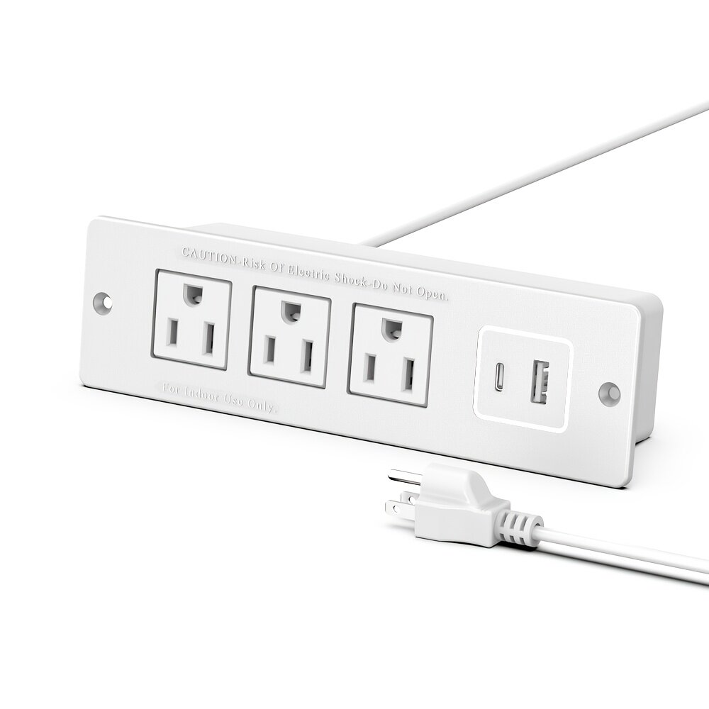 Встраиваемая розетка с USB, 3 розетки, 1500 Вт/12A, USB-C и USB-A 2.1A, кабель 1.5 м, черный