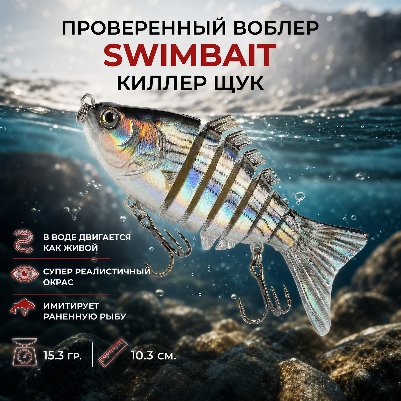 Рыболовный воблер Swimbait-киллер щук, приманка на окуня, судака, хищника с реалистичной имитацией раненой рыбы, тонущая, 15,3г. 10,3см. (Цвет товара: серебристый; Длина: 10,3 мм)