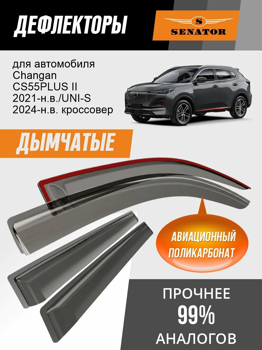 Дефлекторы окон SENATOR Changan CS55 Plus 2 (2021-н. в.), Uni-S, ветровики, 4 шт, полупрозрачные, накладные
