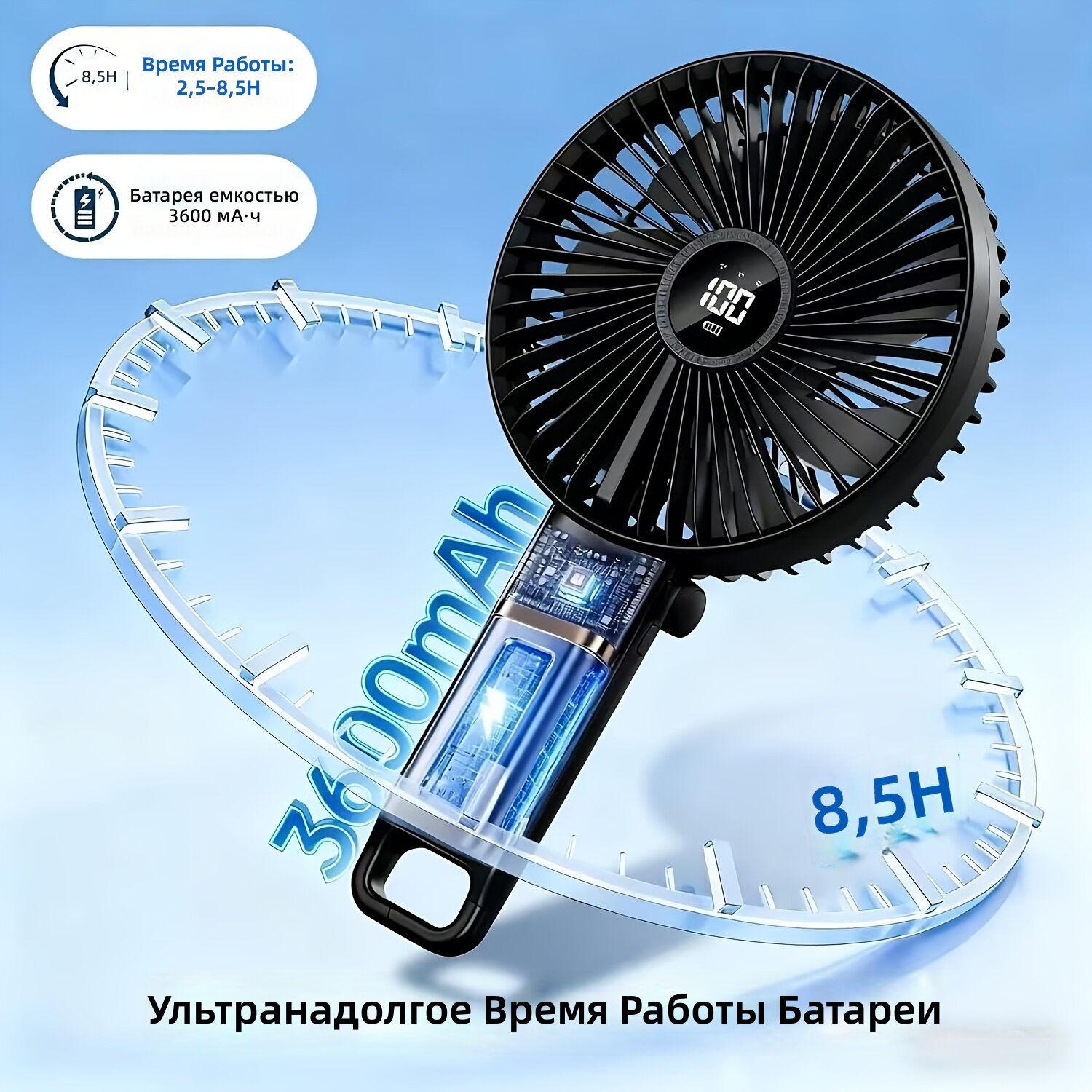 Портативный мини-вентилятор 6 дюймов, 180° поворот, 5 скоростей, LED-дисплей, до 8,5 часов работы, черный
