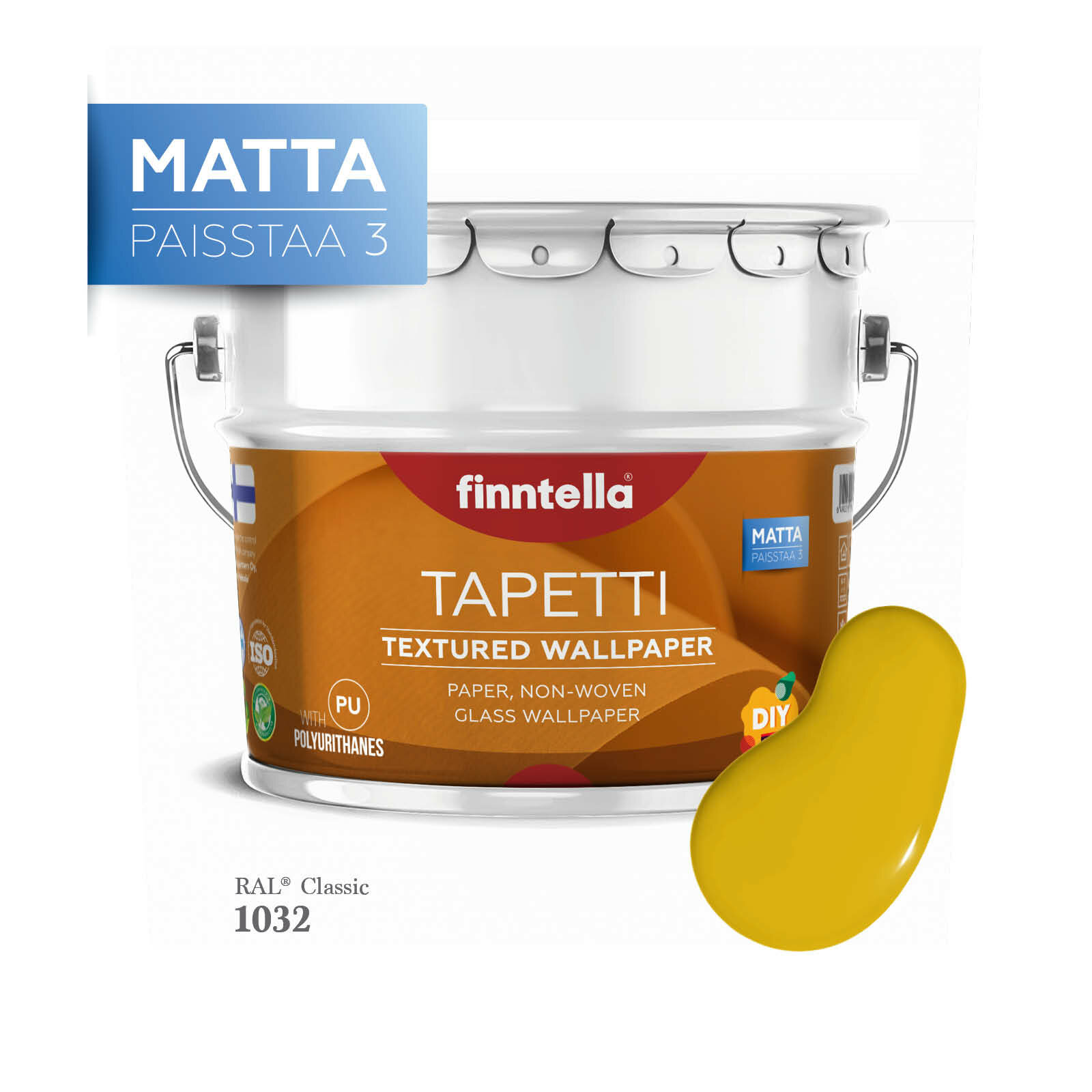 Матовая краска для обоев под окраску TAPETTI Matta FINNTELLA, Цвет RAL 1032 Жёлтый ракитник (Broom yellow), 9л