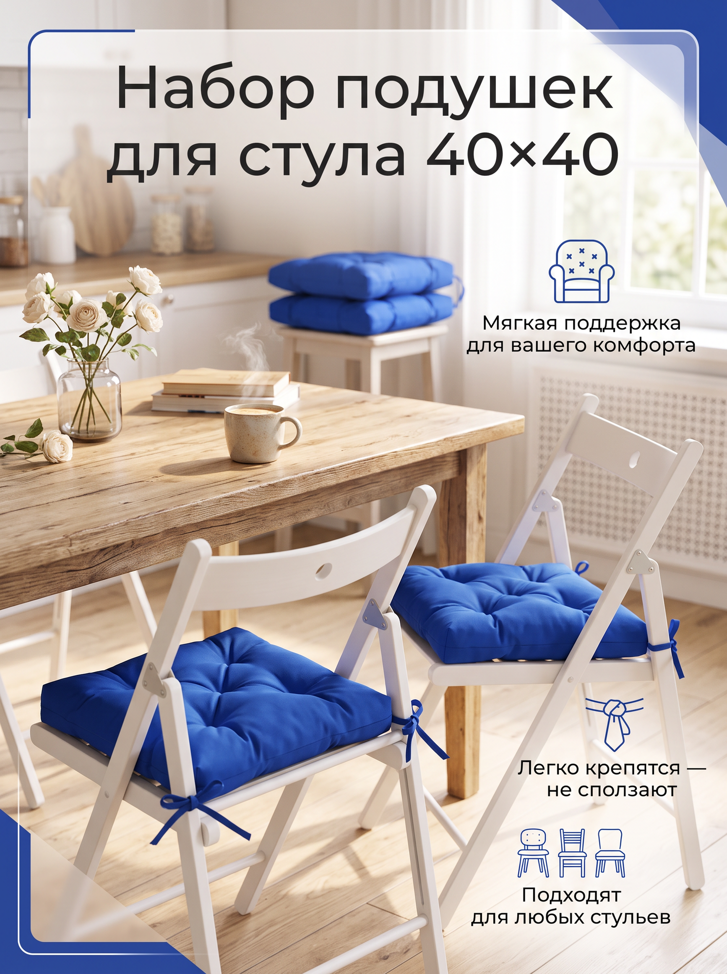 Набор подушек-сидушек на стул - 2 штуки с завязками 40х40, чехол-грета, цвет василек, Адель.