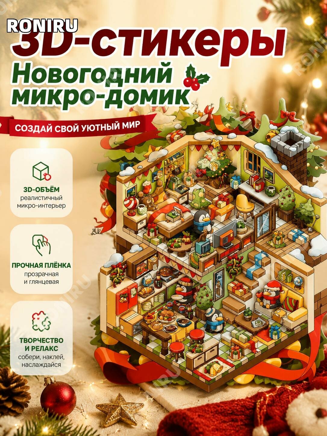 3D наклейки для миниатюрных сцен PET21 x29,7 см, Рождественский домик