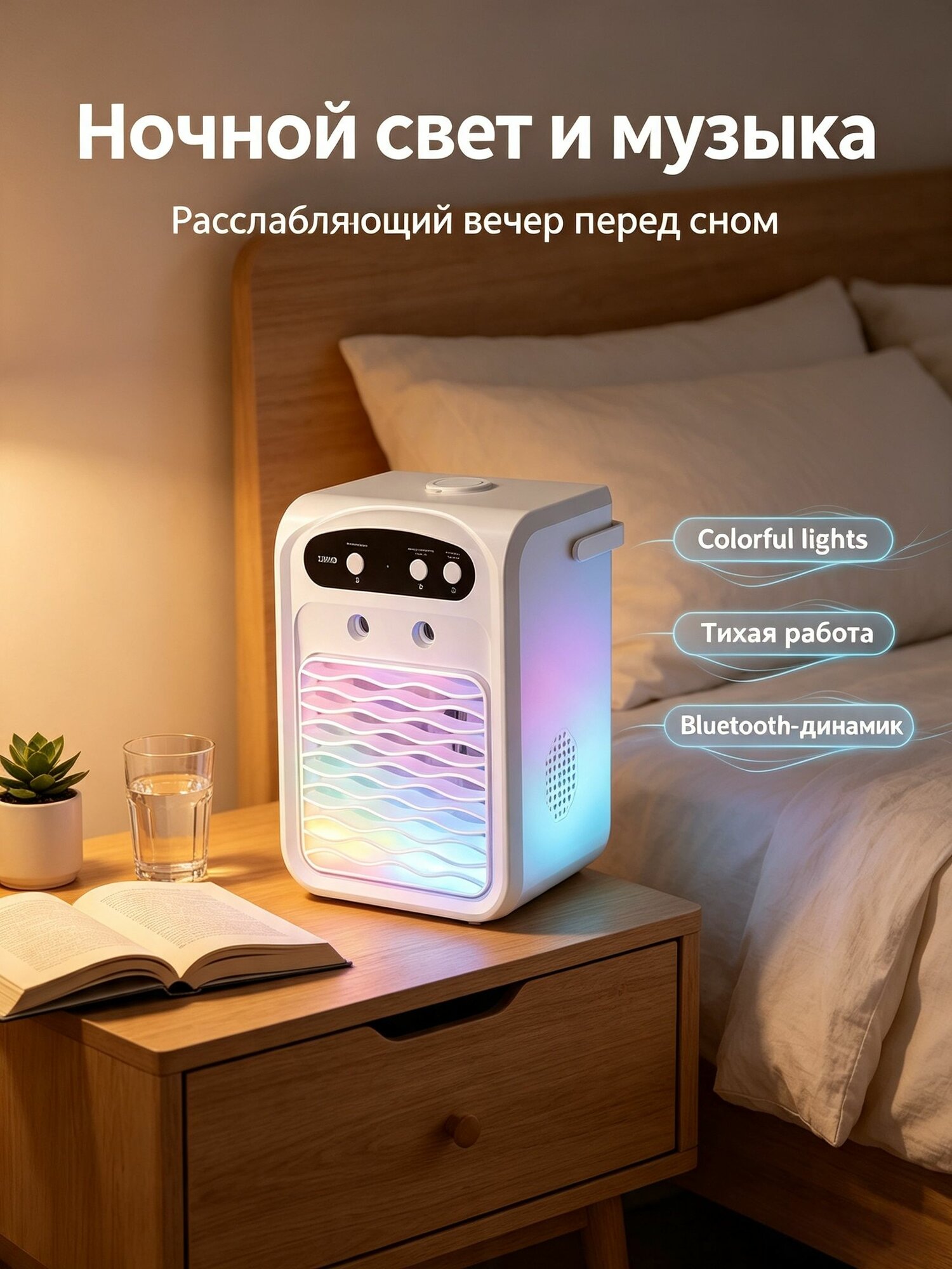 Увлажнитель воздуха Портативный охладитель 4 в 1 F08, туманное увлажнение, цветная подсветка, антикомарная жидкость, три скорости, беспроводная блютуз колонка для дома и офиса, белый