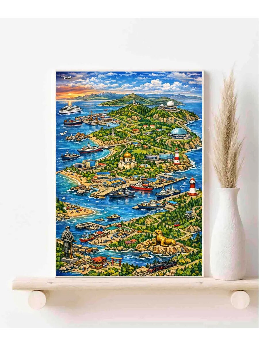 Корсаков, Россия, Fantasy MapКарта, Плакат 30x42см