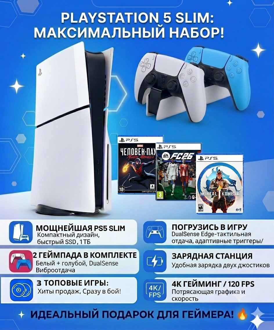 Игровая консоль Sony PlayStation 5, PS5 Slim c дисководом 16 ГБ + 2-й геймпад голубой, док. станция, 3 игры на дисках, 1 ТБ , Pусский язык