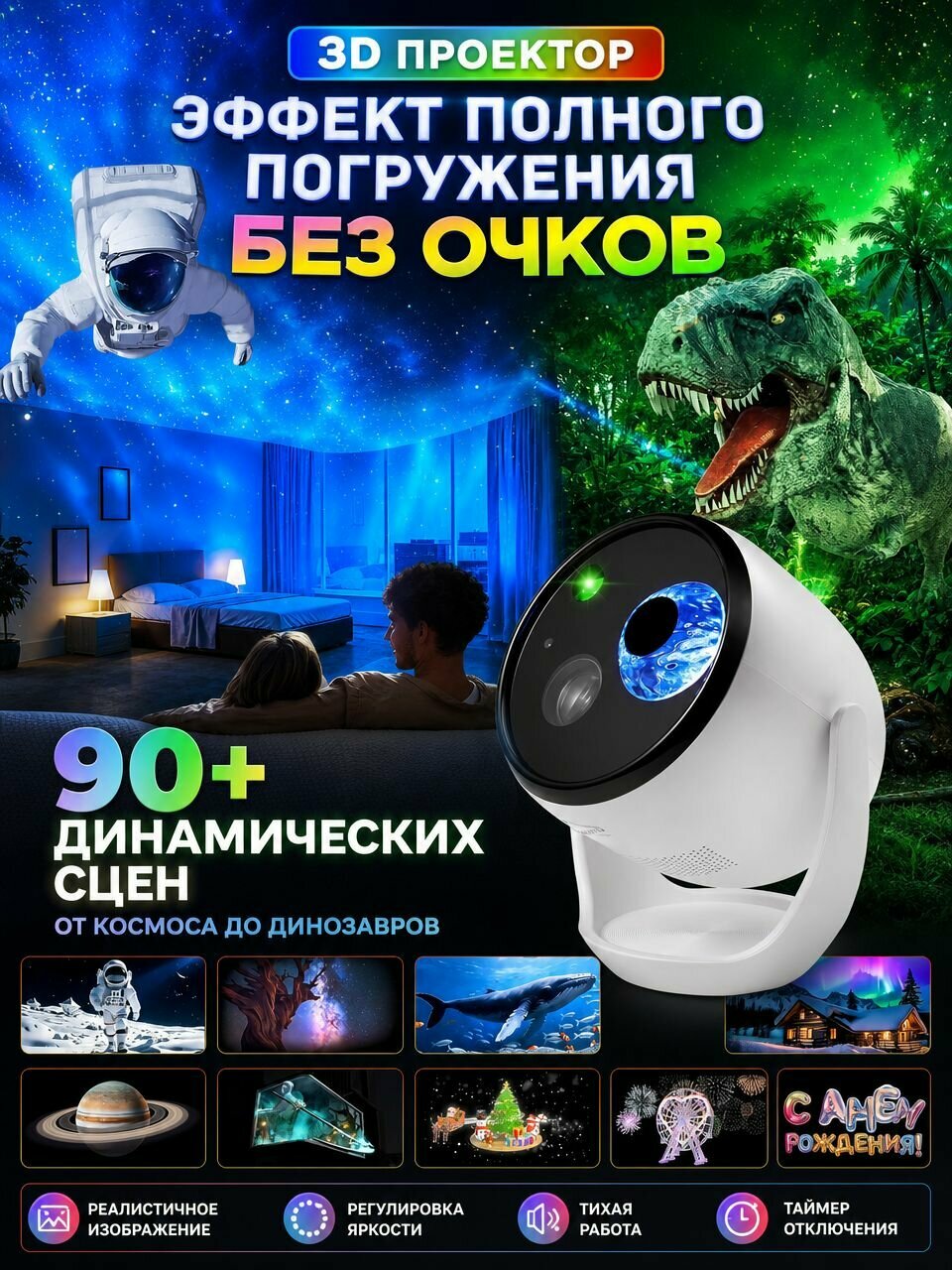 Ночник проектор звездного неба голографический 3D планетарий，300 Динамическое видео, Bluetooth динамики, подарки