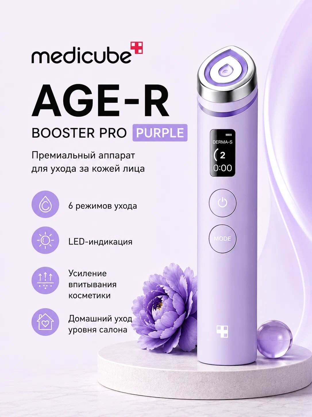 Микротоковый массажер для лица, для ухода за кожей Medicube AGE-R Booster Pro Purple сиреневый