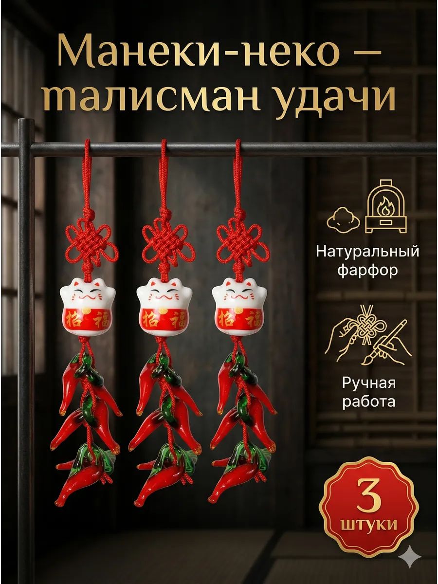 Подвеска-оберег Манеки-неко: талисман удачи в авто 3 шт.