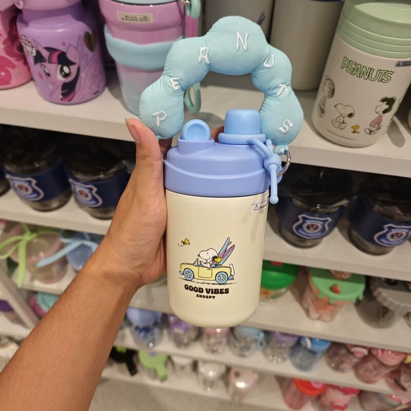 Термокружка MINISO Snoopy: серия «Дневник путешествий по миру», с ручкой и соломинкой, 500 мл Детская кружка Huanhai
