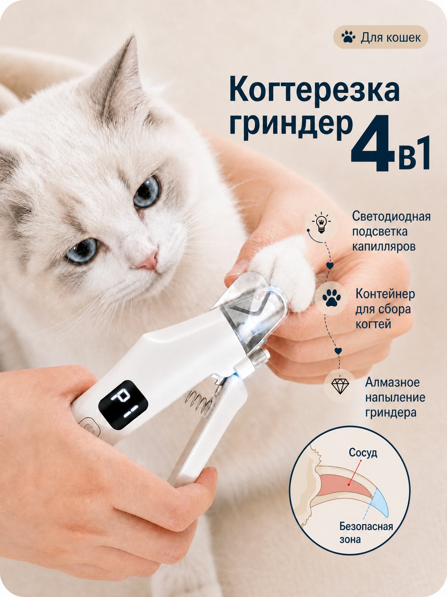 Когтерезка с гриндером для кошек и собак беспроводная с подсветкой 4в1