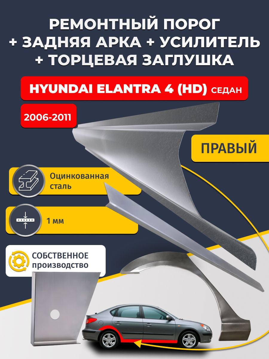 Правая ремонтная задняя арка (0,8 мм) и правый стандартный ремонтный порог + торцевая заглушка + усилитель, на Hyundai Elantra 4 HD 2006-2011 седан (Хендай Элантра 4). Оцинкованная сталь 1 мм