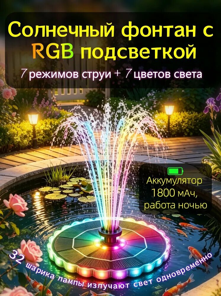 Фигурка садовая Фигурка садовая Солнечный фонтан с RGB подсветкой 7 режимов струи + 7 цветов света