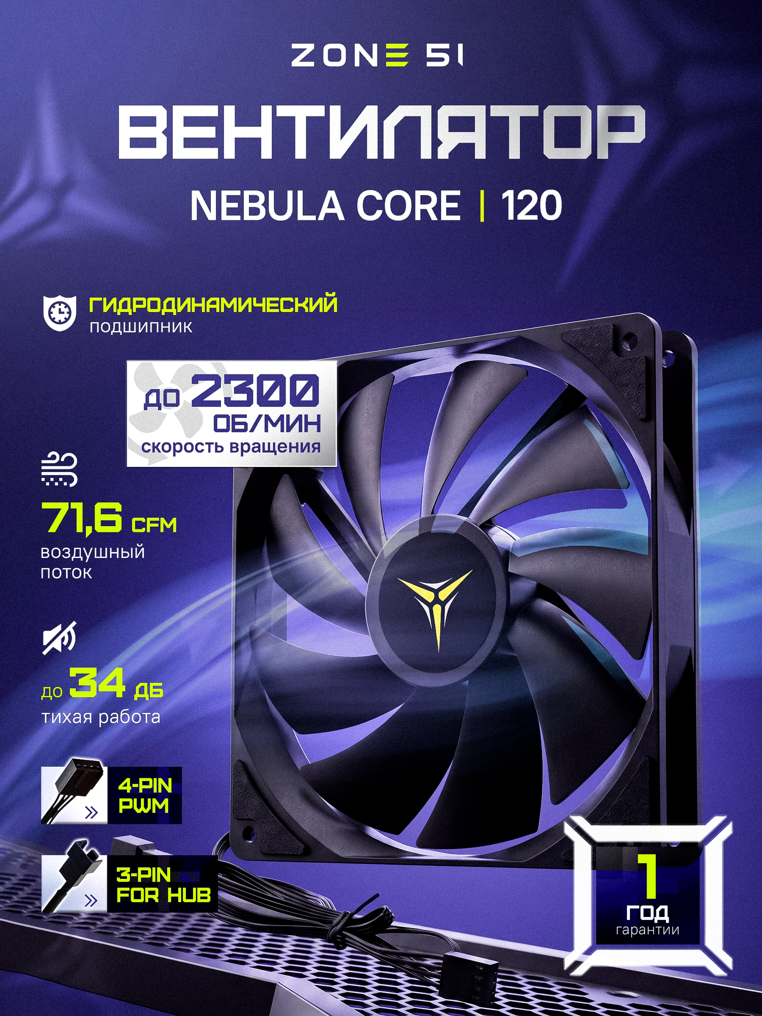 Вентилятор для компьютера ZONE 51 NEBULA CORE 120 Black, черный