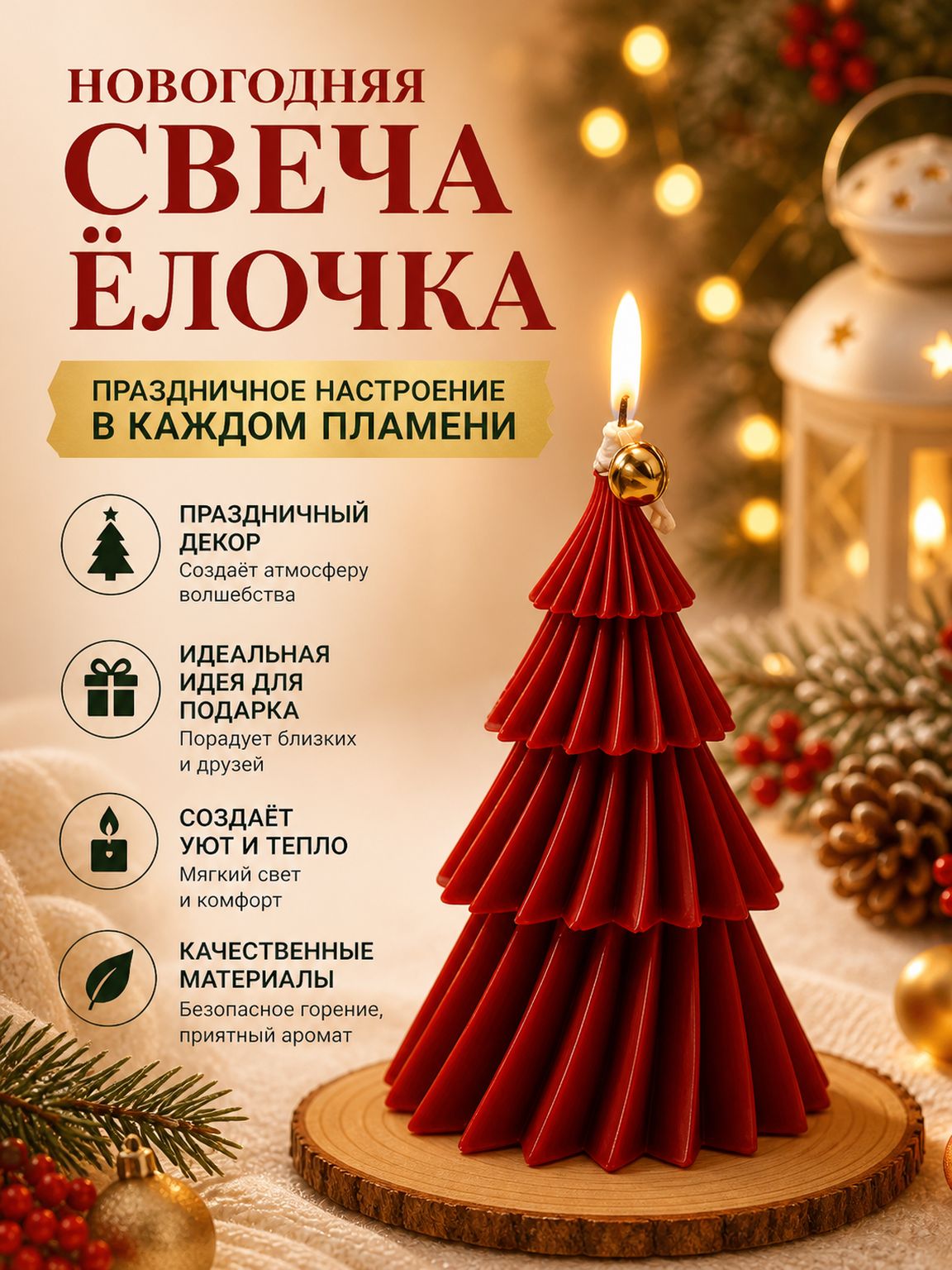 Свеча новогодняя ёлочка, декоративная, для праздничного декора и подарка" 8 см х 5 см 1 шт