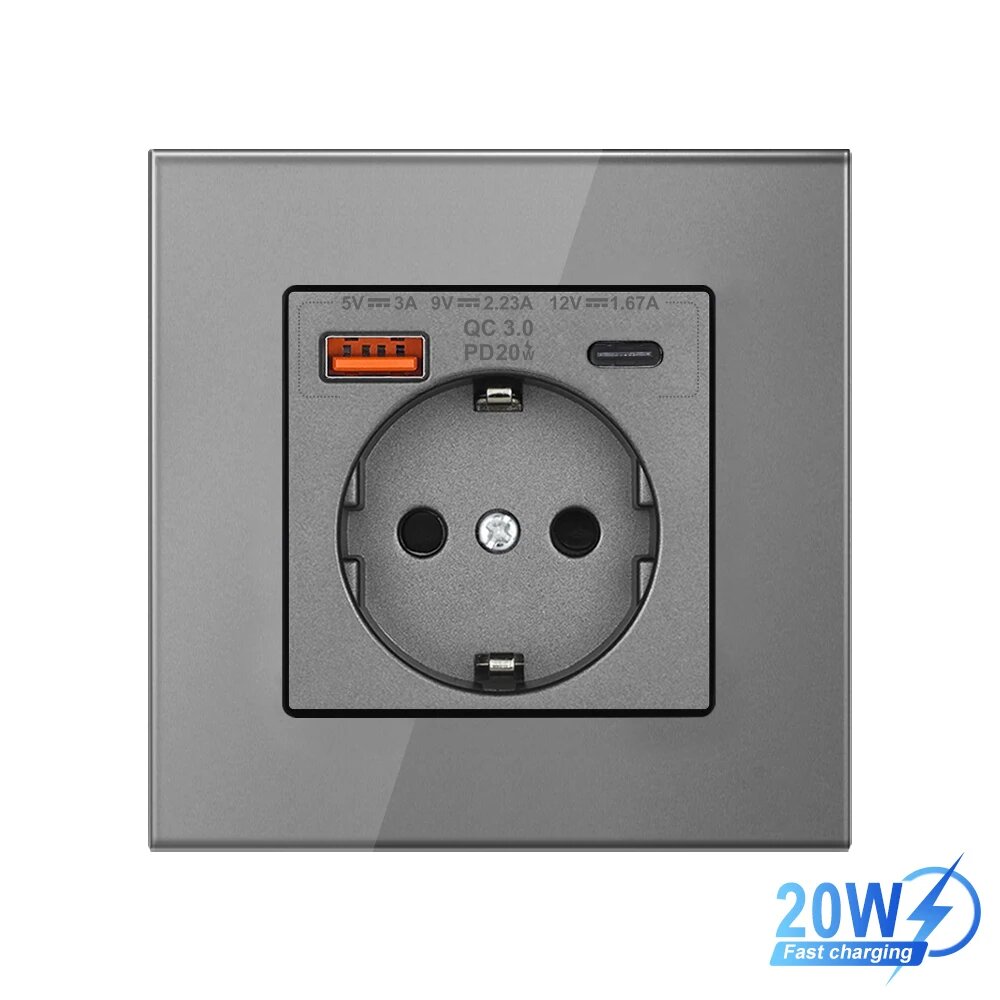 Розетка SRAN с USB Type-C 250В 16А Серый, Grey usb typec 20w